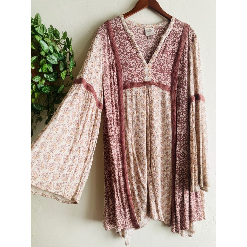 Knox Rose Boho Pink Bohemian Long Bell Sleeve Dress - Gem